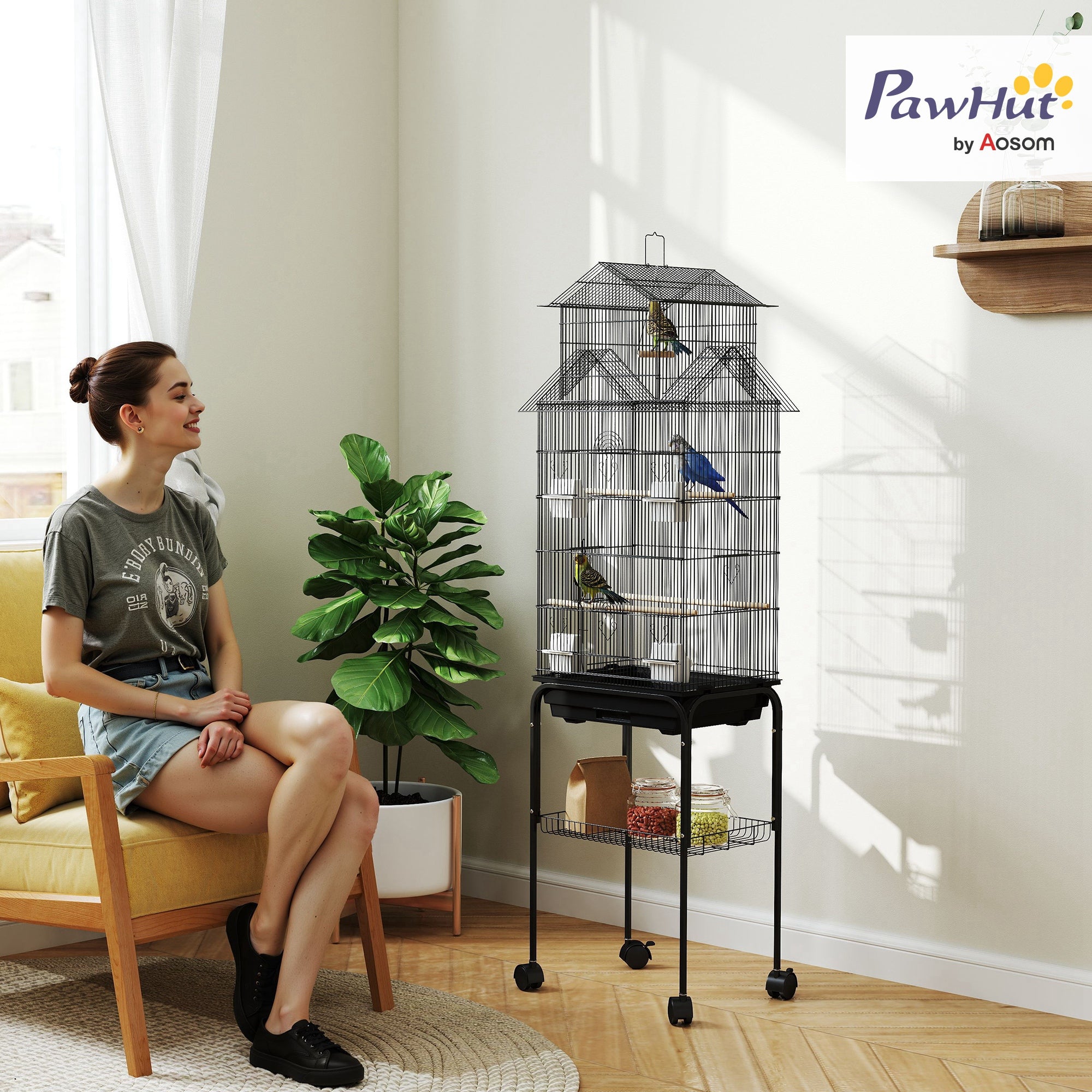 Metal Bird Cage with Plastic Swing, Perch, Food Container, Tray, Handl ...